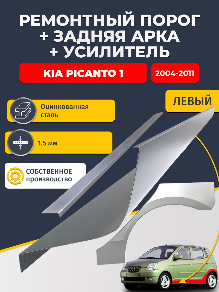 Левая ремонтная задняя арка (0,8 мм) и левый ремонтный стандартный порог (1.5 мм) + усилитель (1,5 мм) на Kia Picanto 1 2004-2011 (Киа Пиканто). Материал оцинкованная сталь.