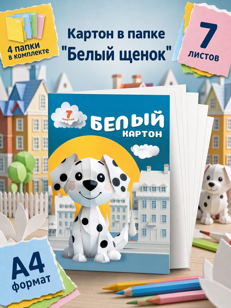 Prof-Press Картон белый А4 "Белый щенок" 4 папки по 7 листов