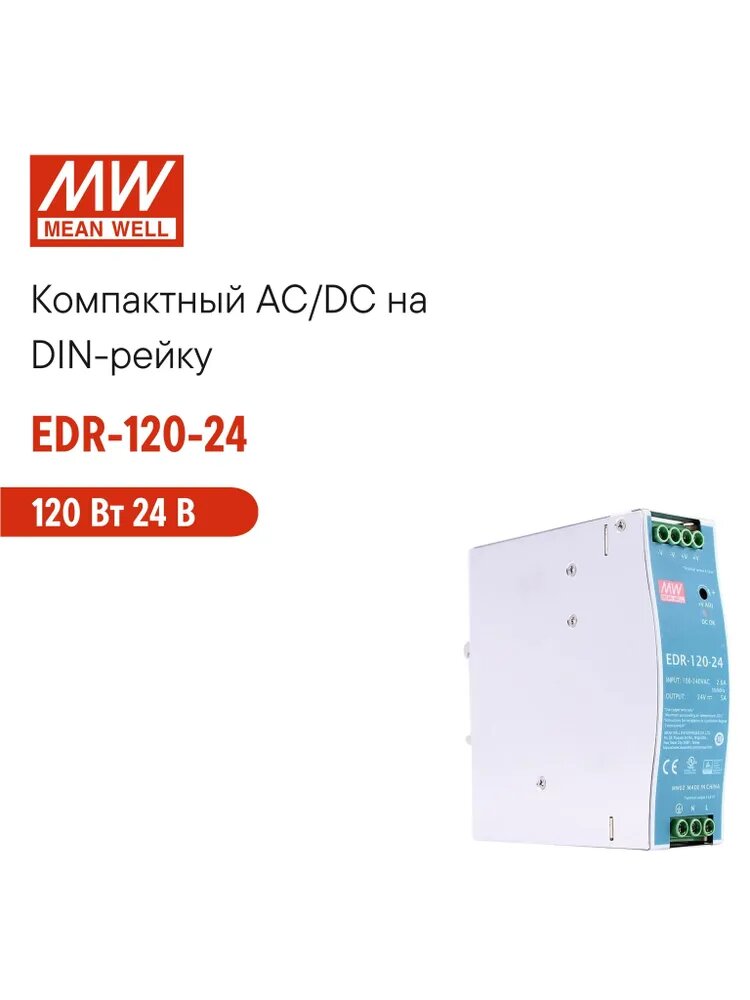 EDR-120-24 MEAN WELL Блок питания на DIN-рейку 120Вт 24В 5А модульный, с регулировкой напряжения, для промышленного оборудования и автоматизации производства