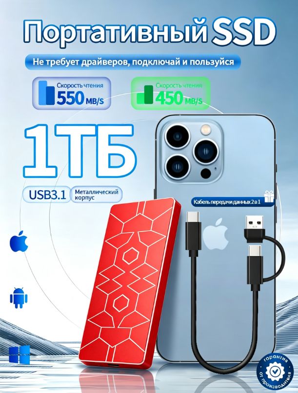 Summerdawn 1 ТБ Внешний SSD-диск, USB 3.0, чтение - 550 Мб/с, запись - 550 Мб/с, Металл, красный