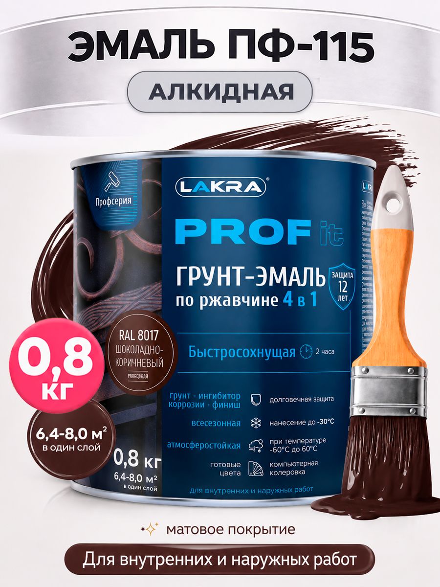 Краска по металлу и ржавчине грунт-эмаль 4в1 быстросохнущая PROF IT Шоколадно-коричневый, RAL 8017 лакра 0,8кг