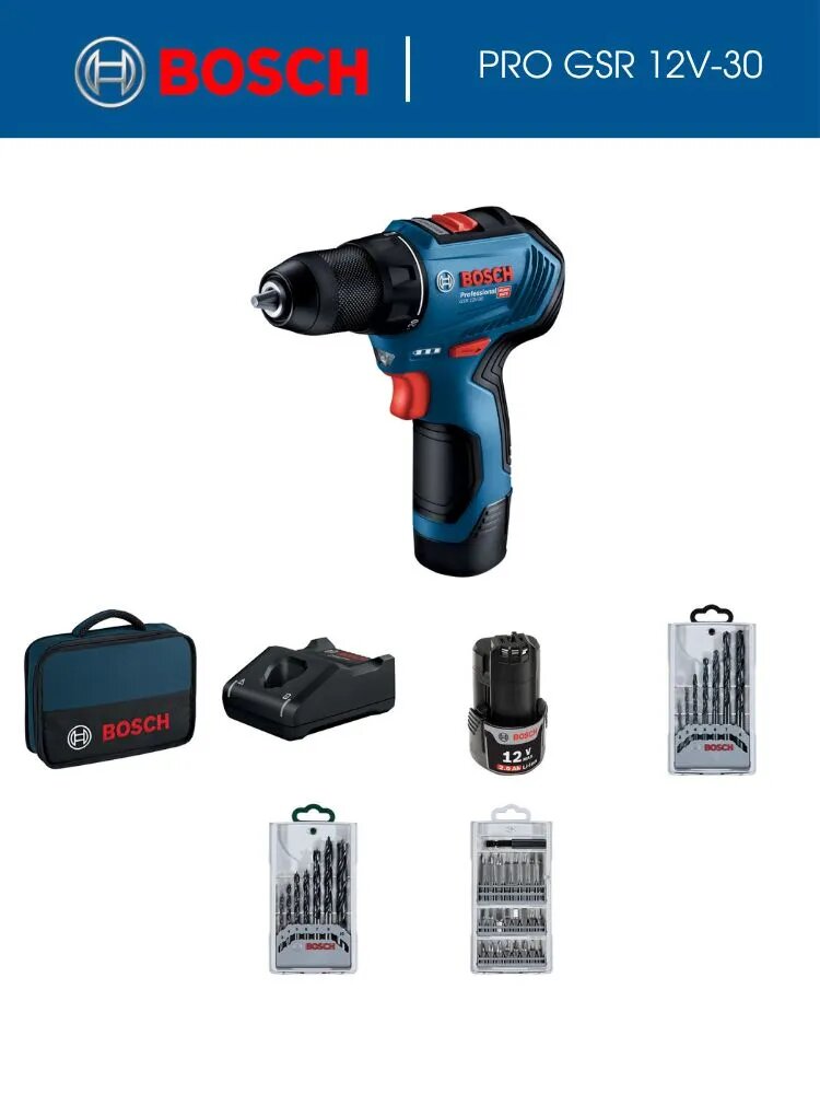 Аккумуляторная дрель-шуруповерт Bosch GSR 12V-30 Professional (2x2.0Ач), ЗУ, набор бит 39 шт, сумка арт. 06019G9001
