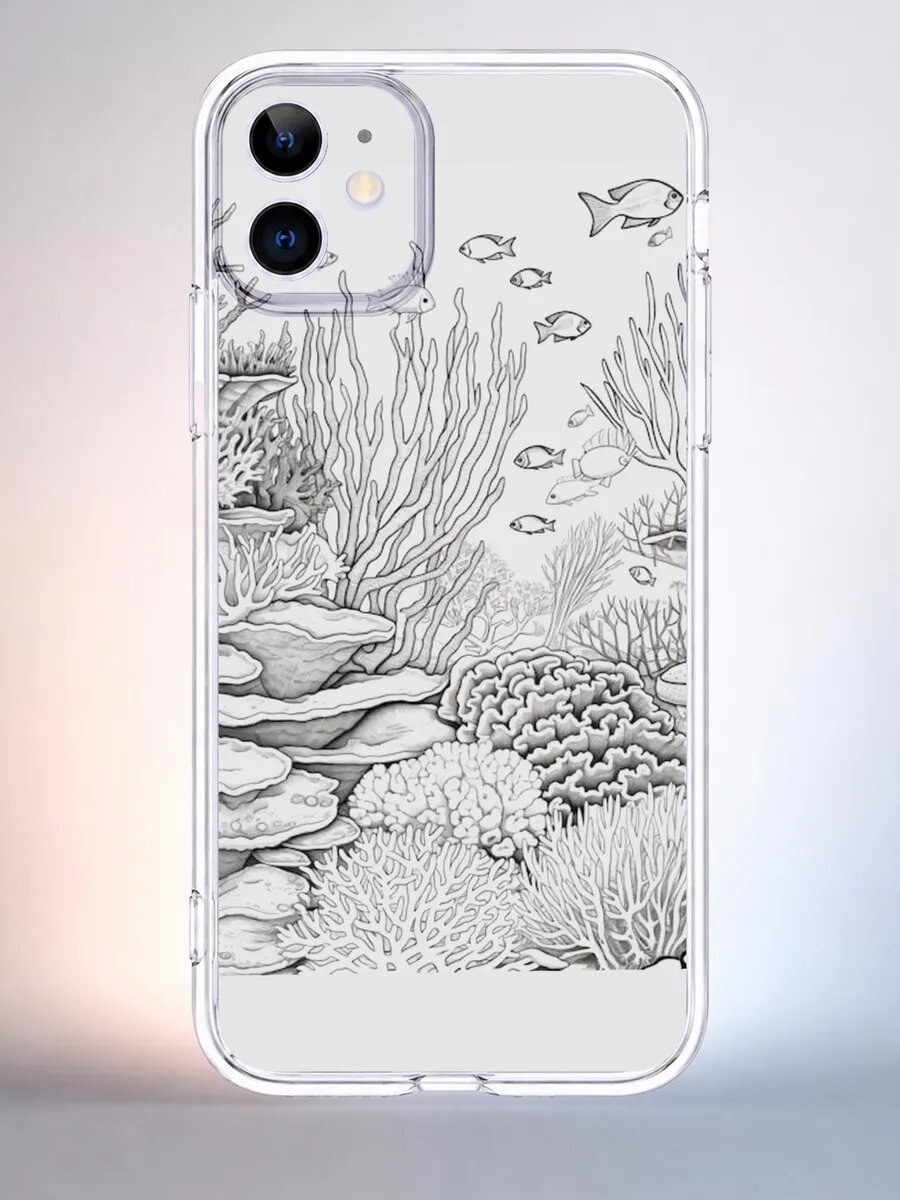 Чехол iPhone 11 риф скетч с рыбами силиконовый