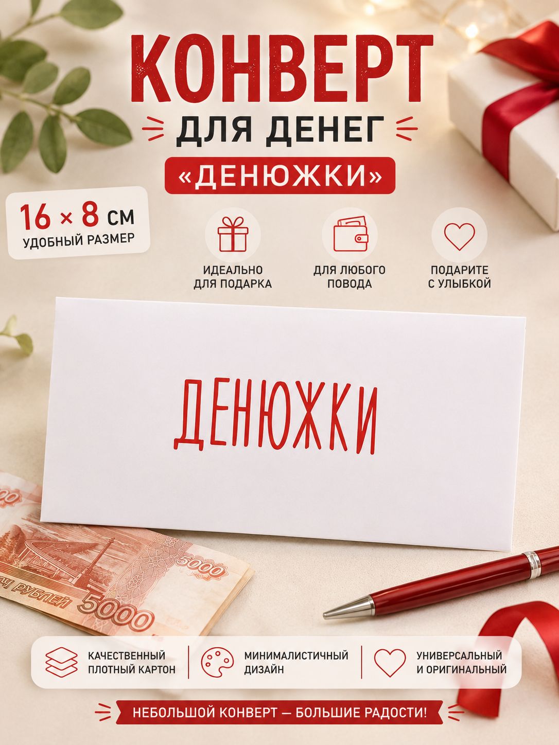 Конверт для денег "Денюжки", подарочный конверт для денежного подарка, для купюр, 16х8 см