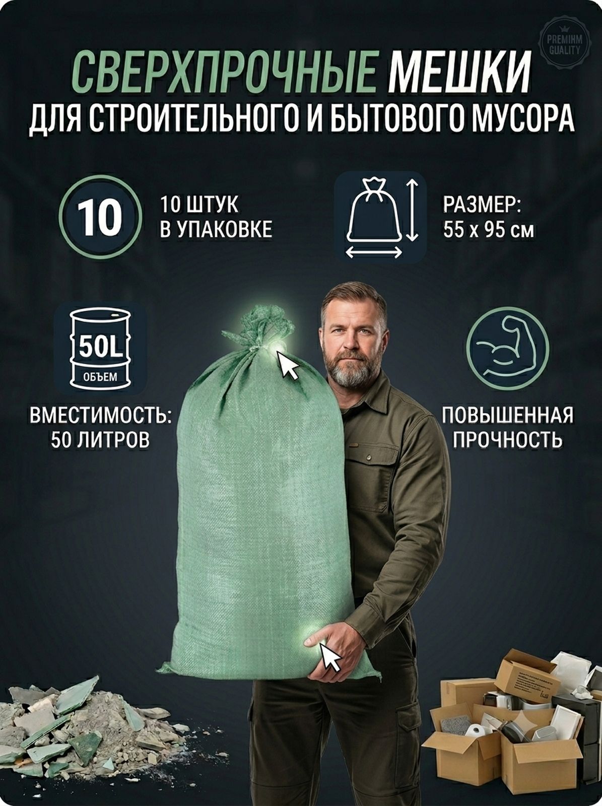 Мешки для строительного мусора, 55*95 см, 10 шт, зеленый
