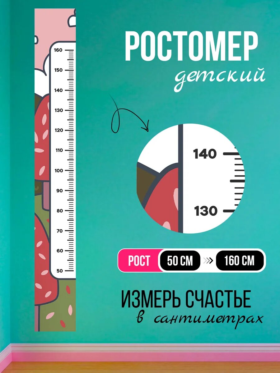 Детская наклейка ростомер на стену Лесные мухоморы 20х160 см