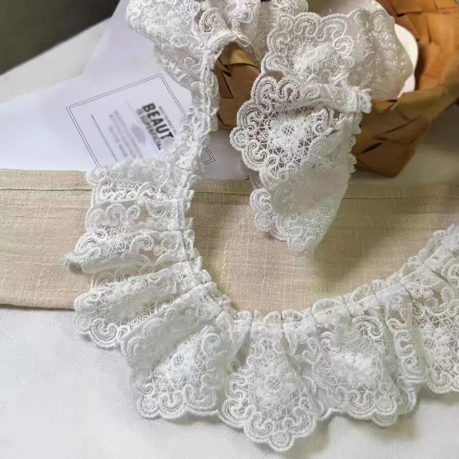 HYZELY Винтажная кружевная тесьма с рюшами 1 ярд Белый, White