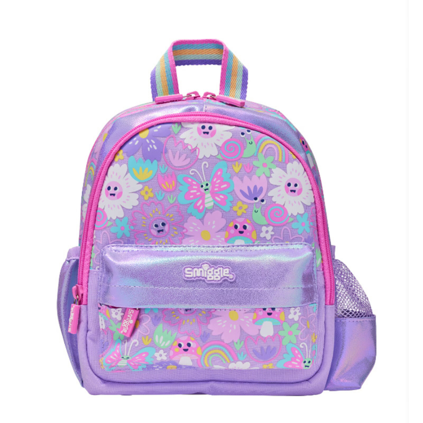 Рюкзак многофункциональный из однотонного холста Smiggle / малый школьный рюкзак пурпурного цвета для маленького сада (26 * 20 см) с картомашным принтом по всему периметру, съемной плюшевой игрушкой, боковыми сетчатыми карманами и зippersными карманами