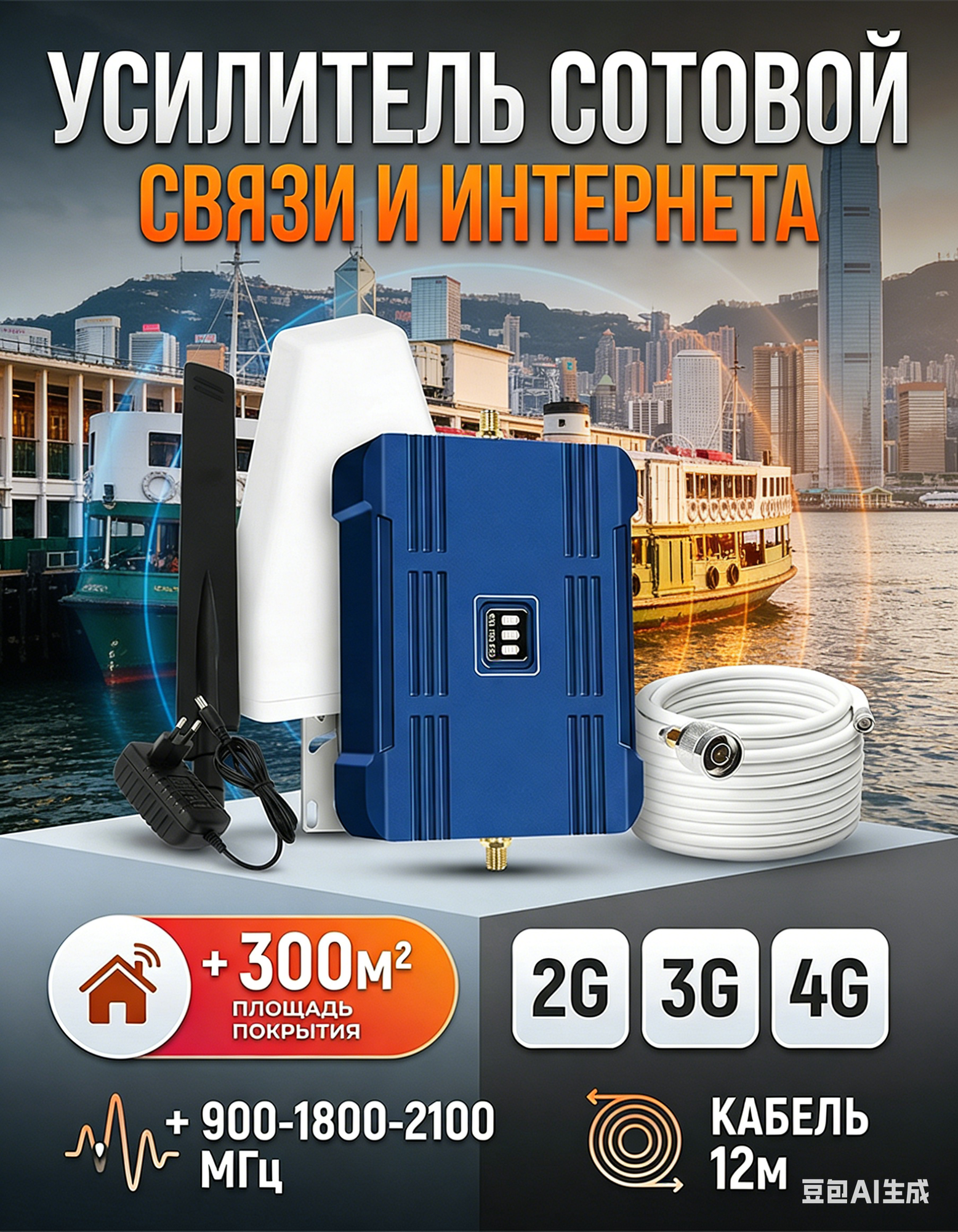 Усилитель сотовой связи 900/1800/2100 МГц (2G/3G/4G): до 70 км, направленный, синий, 1.3 кг