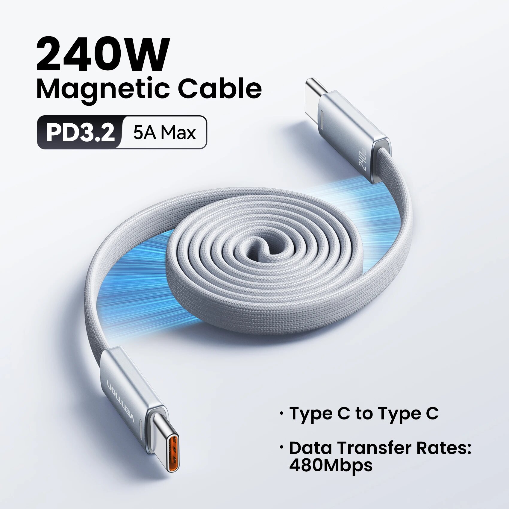 Кабель Vention USB-C на USB-C 240W, PD3.2, Silver