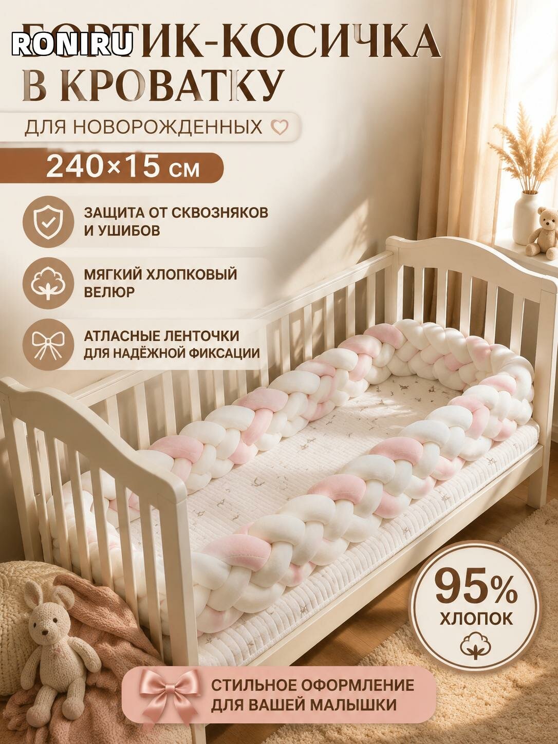 Бортик-косичка в кроватку для новорожденных, мягкий хлопковый велюр 240x15 см с атласными ленточками, защита от сквозняков и ушибов, стильное оформление кроватки