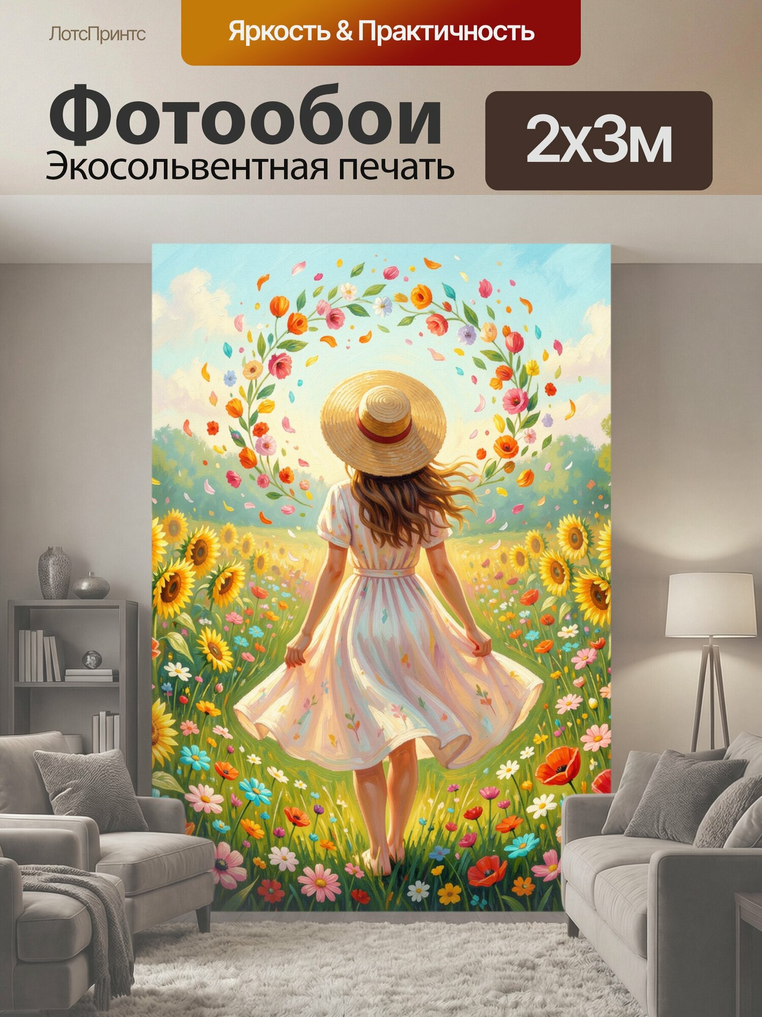 Фотообои "Девушка в цветочном поле. Летний фантазийный сюжет: юная фигура в соломенной шляпе идет среди подсолнухов и луговых цветов, вокруг." 200x300 см. экосольвентная печать