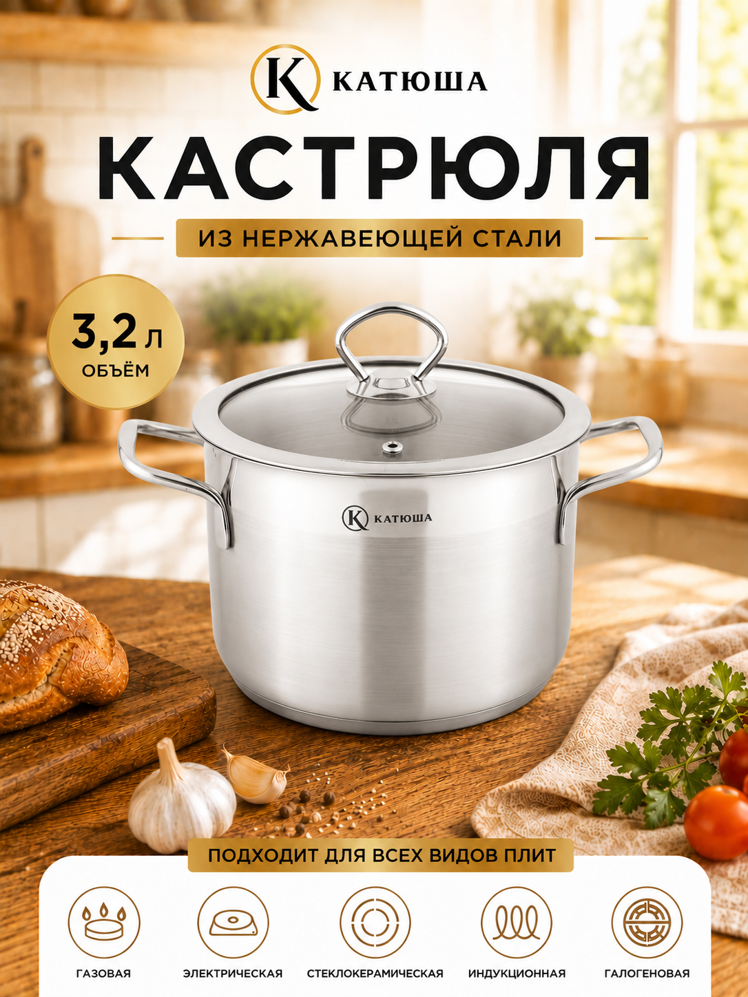 Кастрюля нержавеющая сталь София, 3.2 л, 18х13,4 см, стеклянная крышка, катюша