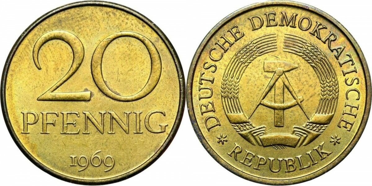 Германия - ГДР 20 пфеннигов, 1969 Герб XF