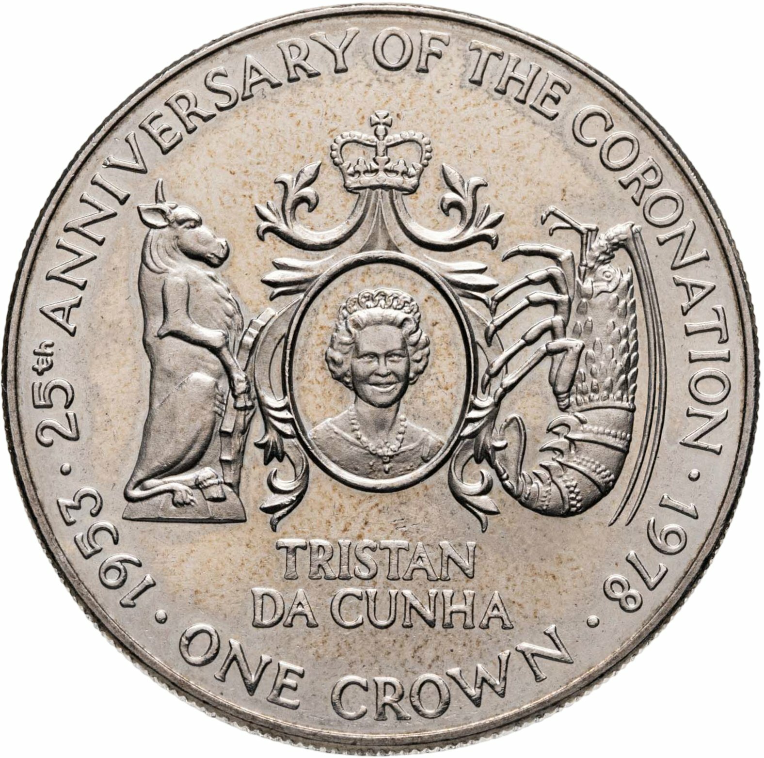 Тристан-да-Кунья 1 крона crown 1978 "25 лет коронации Елизаветы II", Мельхиор медь-никель, в сохранности AU-UNC