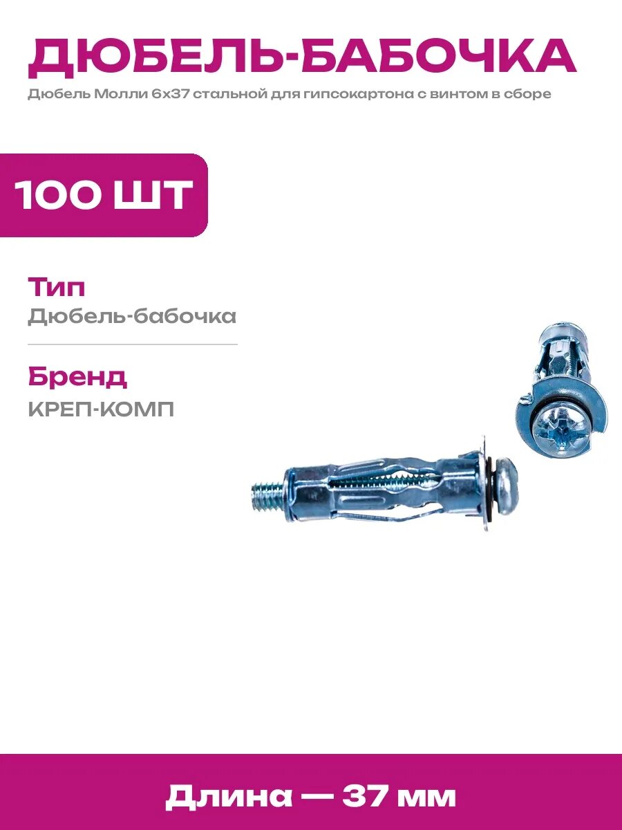 Набор крепежа Молли для ГКЛ с винтами 100 штук в упаковке