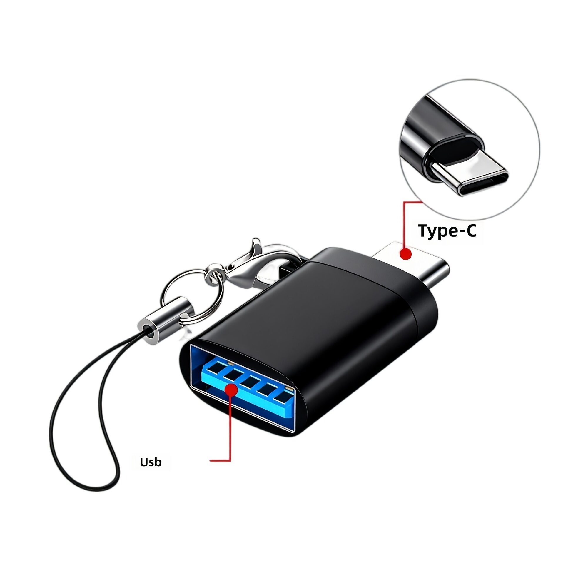 Адаптер USB 3.0 OTG C Male - USB-A Female с ремешком, черный, 1 шт