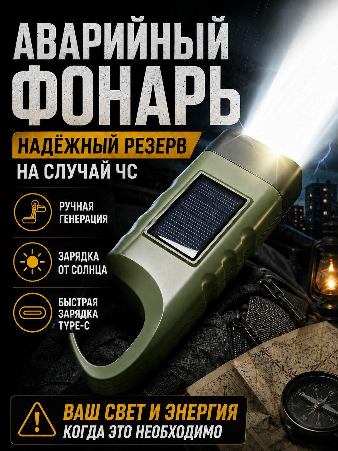 Заряжается от USB/Фонарь ручной аккумуляторный, 3 Вт, 40 мАч, 3 LED, Фонарь с динамомашиной, и солнечной батареей, работает как повербанк