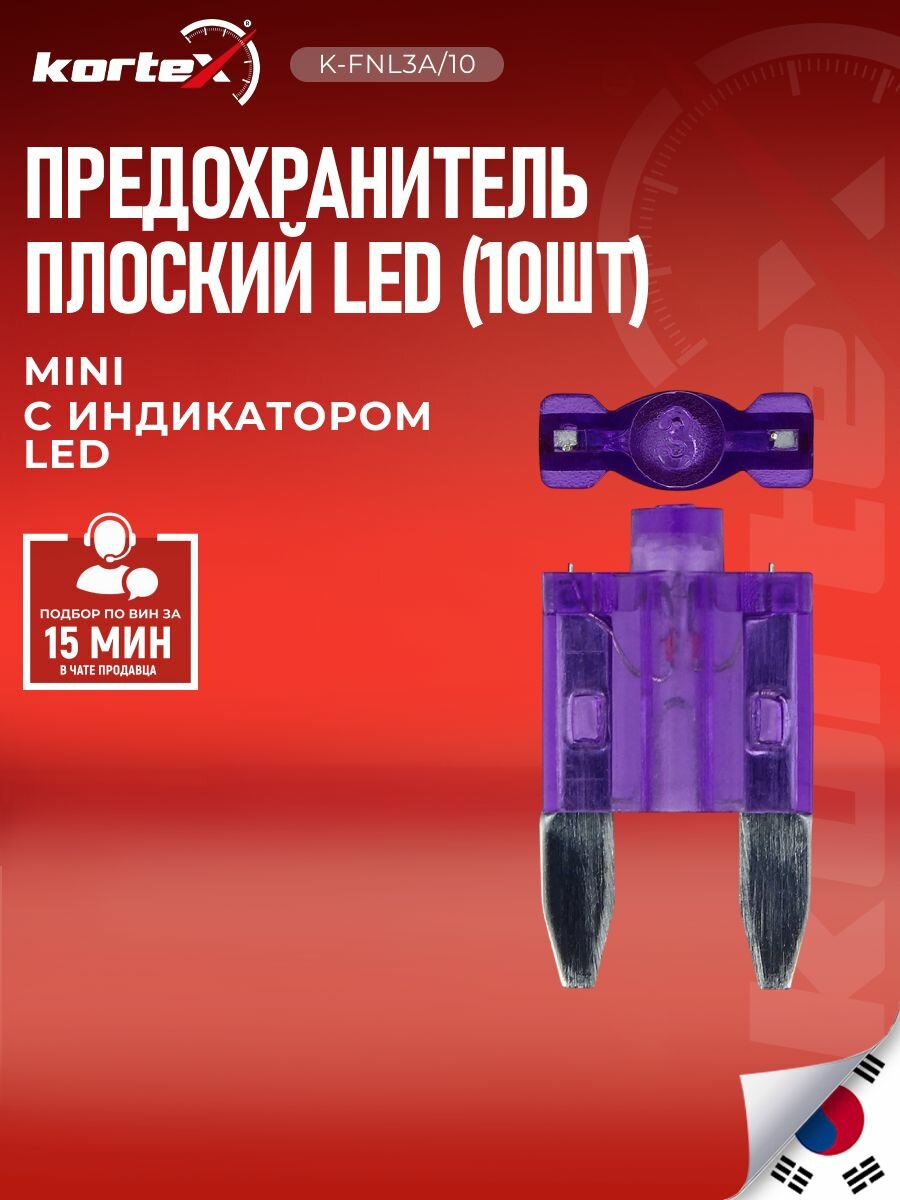 Предохранитель Kortex плоский MINI с индикатором LED 3A (упаковка 10шт)