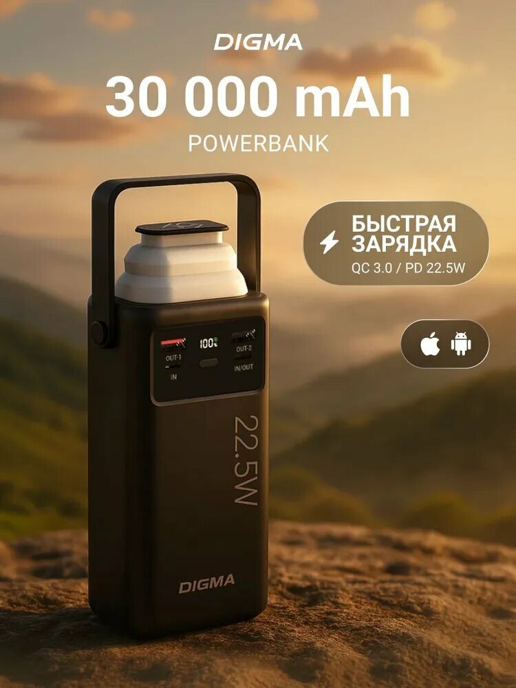Повэрбанк 30000mAh Digma DGPF30B, 22.5W, туристический, пауэрбанк, быстрая зарядка, powerbank