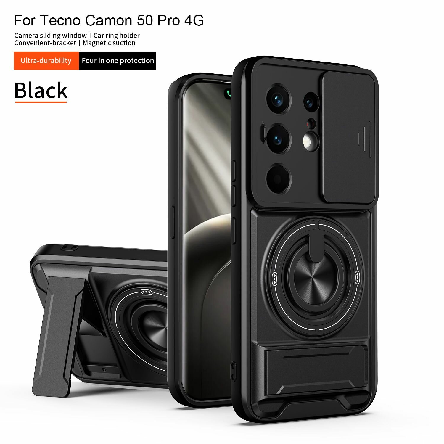 Чехол для Tecno Camon 50 Pro / Camon 50 Ultra / Техно Камон 50 Про / Камон 50 Ультра с крышкой для веб-камеры и кольцевым креплением на 360 градусов, защитный чехол с защитой от падения с вращающимся кольцом с защитой камеры