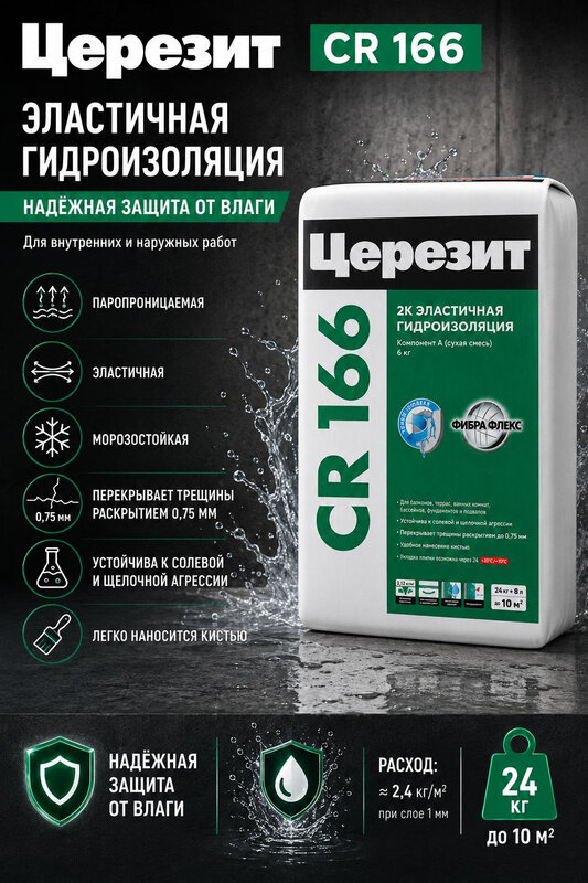 Эластичная гидроизоляция Ceresit CR 166, комп. А, сухая смесь, 24кг