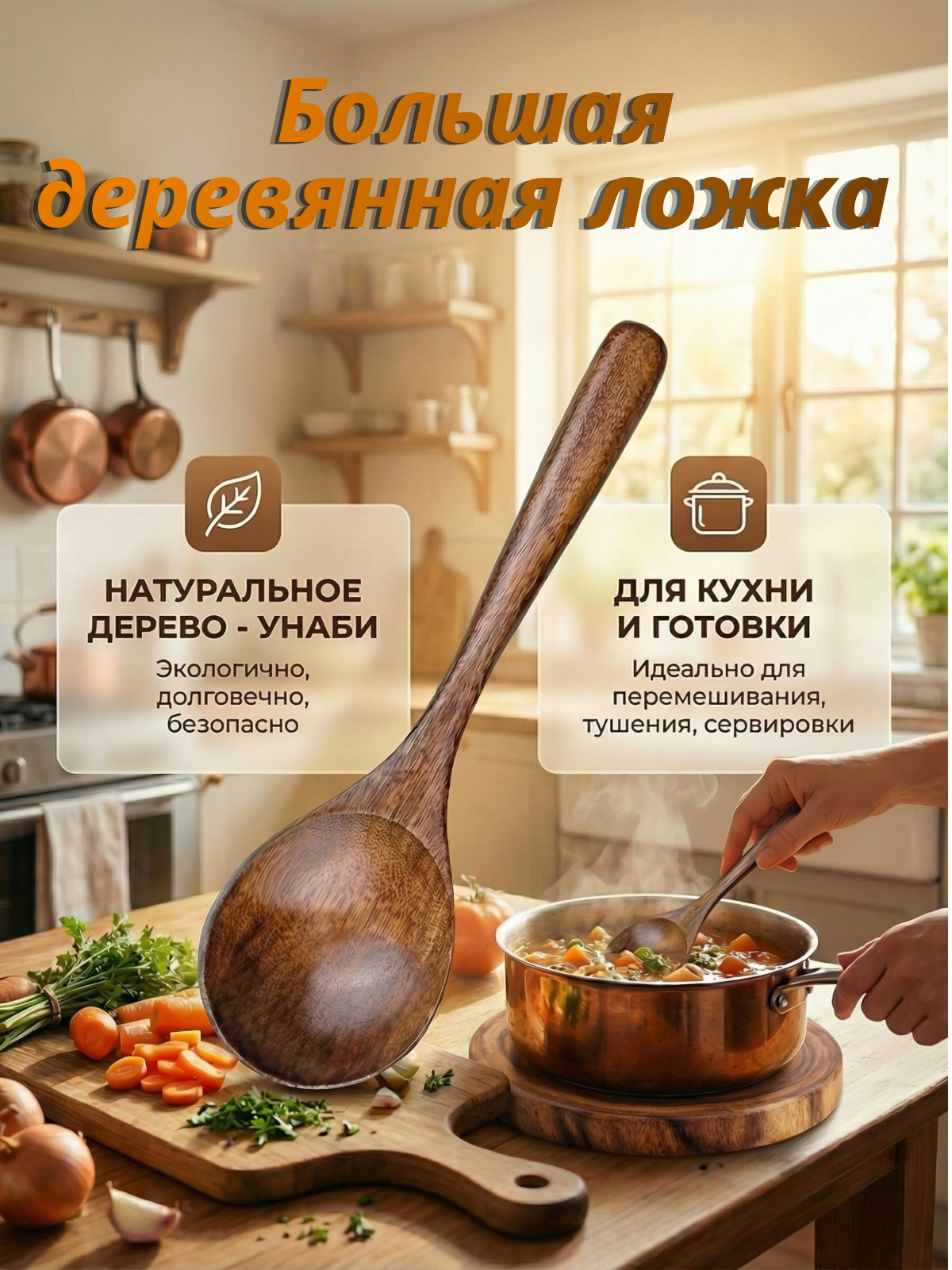 Ложка большая деревянная кулинарная столовая / Цвет коричневый / Размер 20 х 6 см (Цвет товара: коричневый, темно-коричневый; Длина: 20 см)