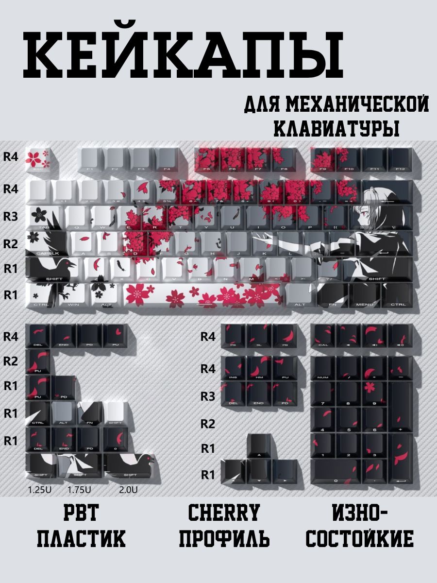 Кейкапы для механической клавиатуры, Sakura, PBT клавиши (Черный)