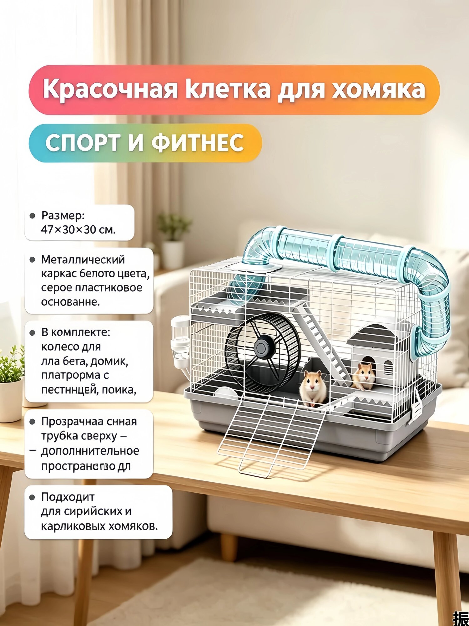 Клетка для хомяка и грызунов большая с тоннелем и полным комплектом аксессуаров, 47х30х30 см, серый