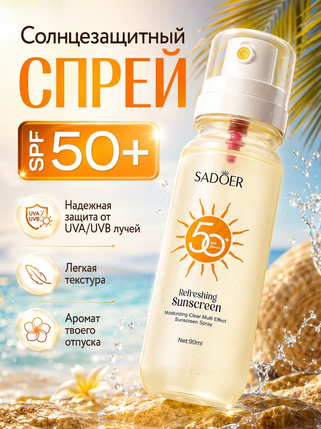 ХИТ! Солнцезащитный спрей SPF 50+ Sadoer / Средство для защиты кожи от воздействия ультрафиолета спф 50+, увлажняющий уход / Сыворотка-восстановление от загара, альтернатива пантенолу и маслу на пляж