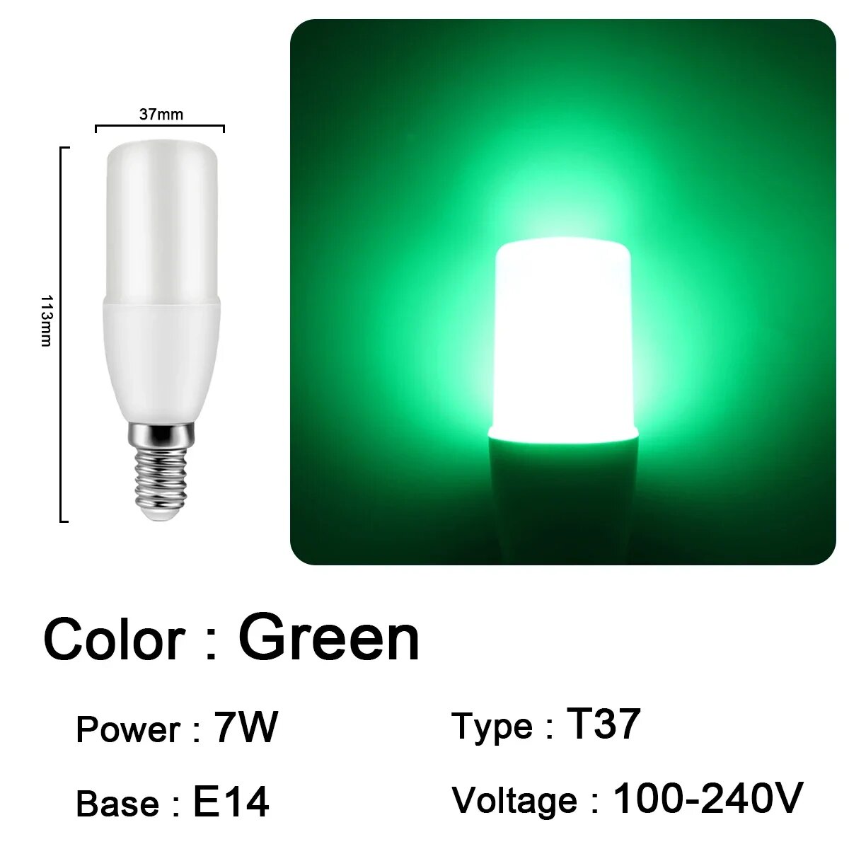 Зеленая LED лампа T37 E14 7W 100-240V