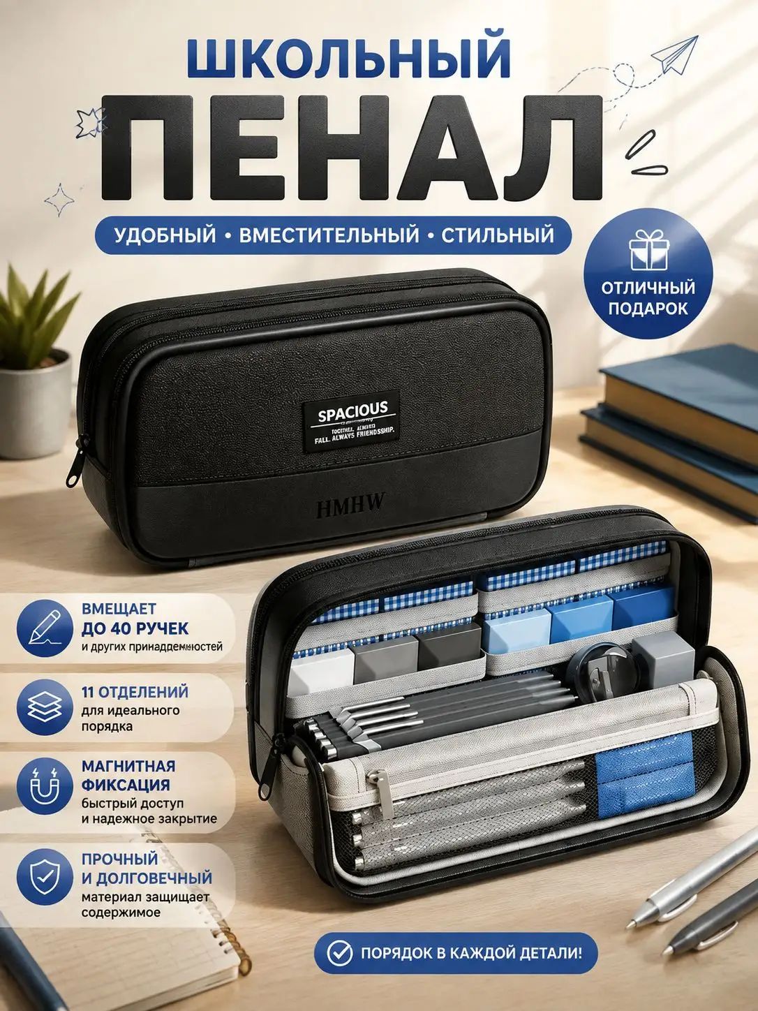 Пенал для мальчика школьный 22x13 см, органайзер канцелярии стоячий, пенал-трансформер 11 отделений