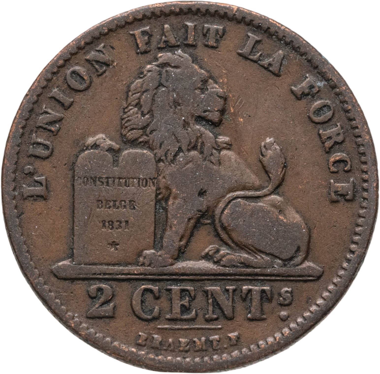 Бельгия 2 сантима 1909, Медь, в сохранности VF