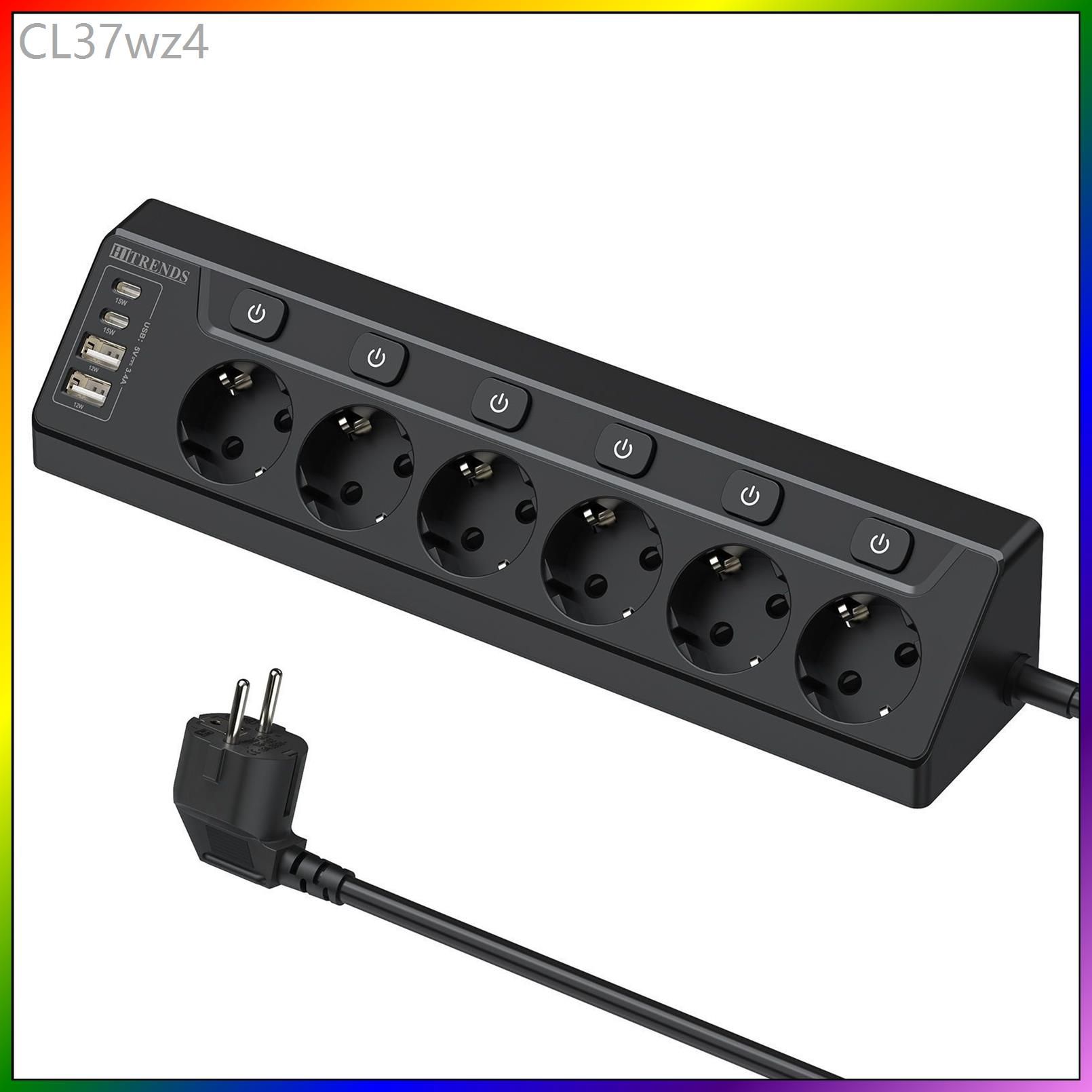 HITRENDS Удлинитель с 6 розетками и 2 USB + 2 Type-C, индивидуальные выключатели, защита от перегрузки, 4000W 16A 250V, огнестойкий и пылезащитный, кабель 2 м