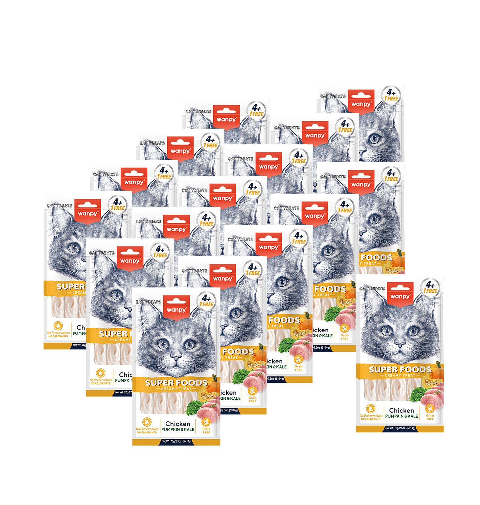 Wanpy Cat Лакомство для кошек нежное пюре из курицы с тыквой и кейлом 70 г x 16 шт.