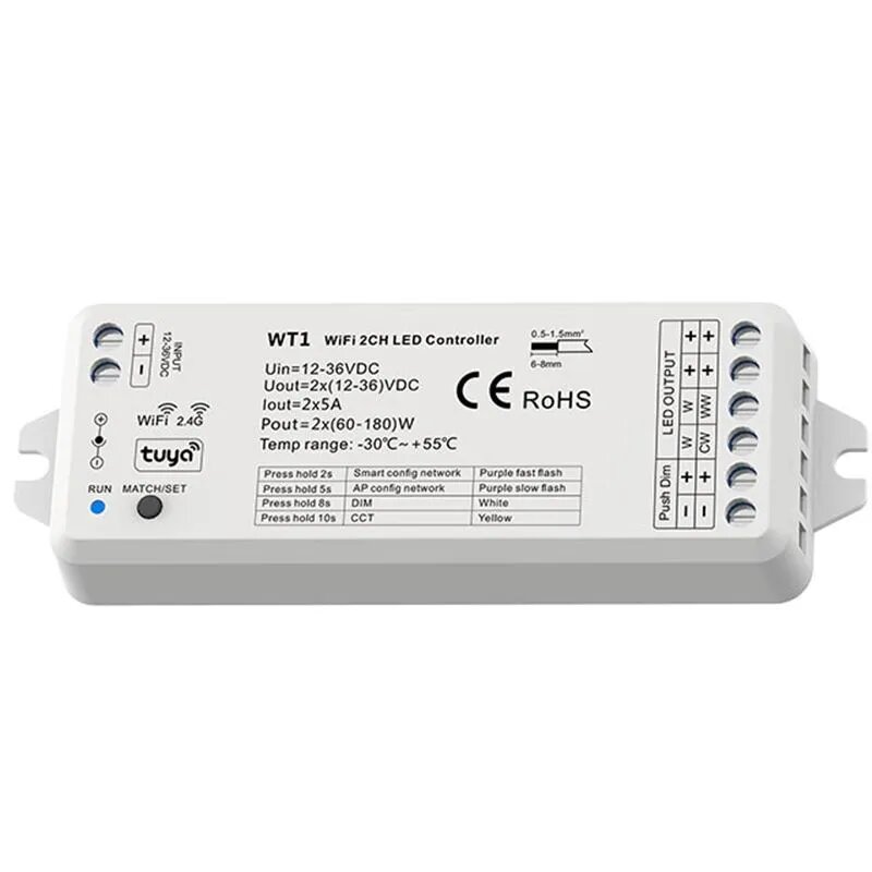 12 - 36VDC 2CH * 5A Wi - Fi RF LED контроллер WT1 Tuya App Светодиодный модулятор