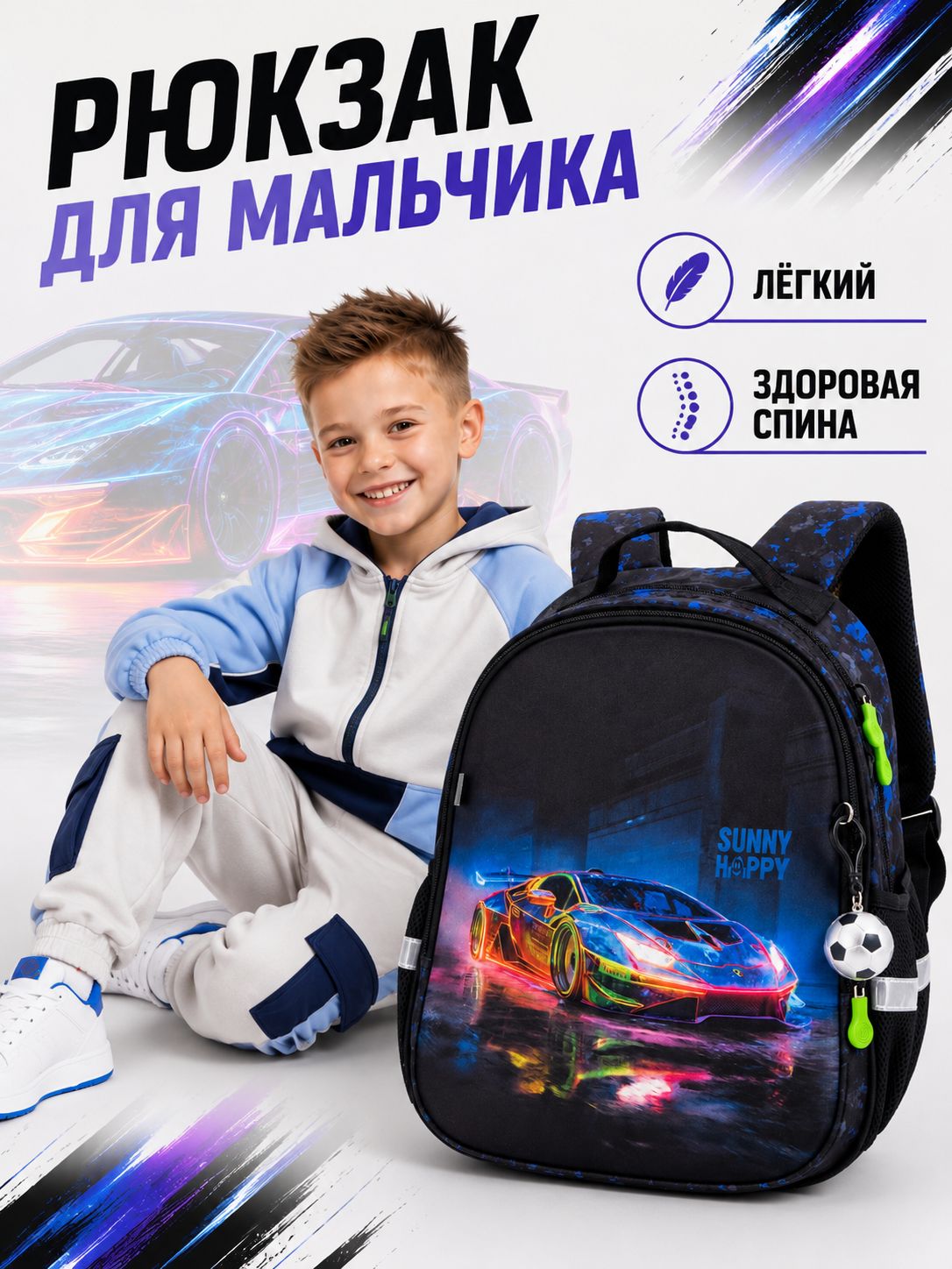 Рюкзак школьный для мальчика анатомическая спинка А4, Sunny Happy (Санни Хэппи)