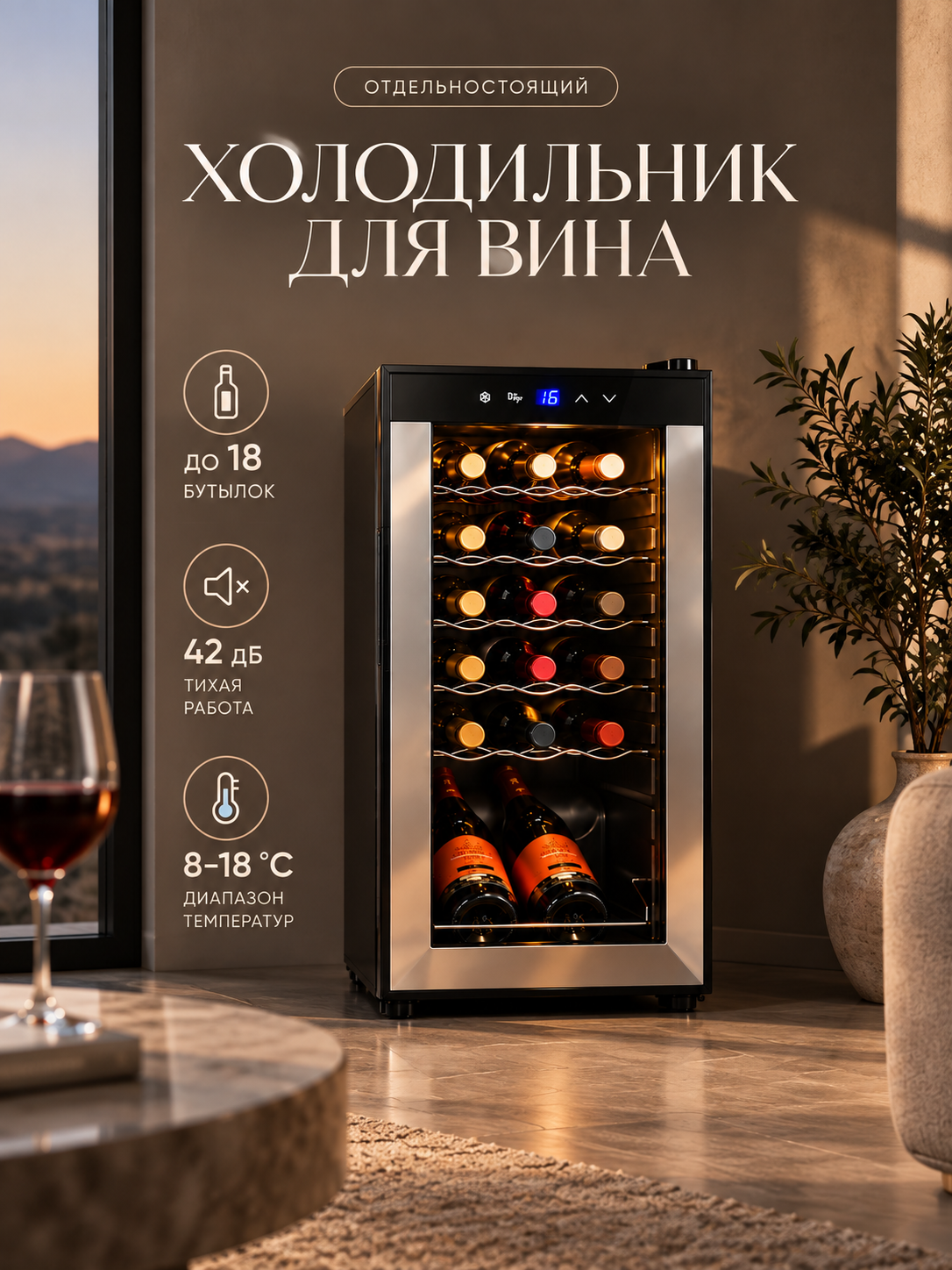 Винный холодильник-шкаф на 18 бутылок отдельностоящий - термоэлектрический, 8-18°С