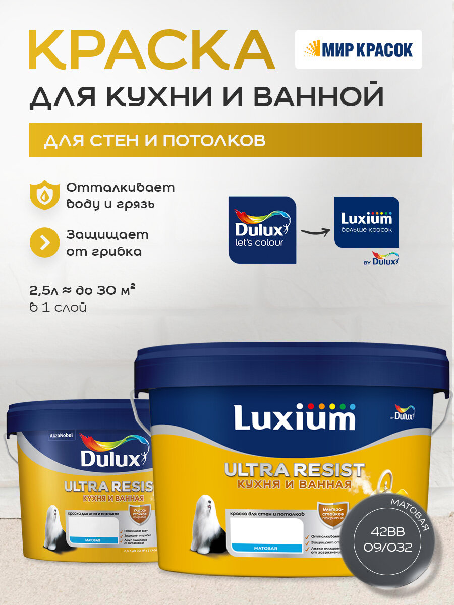 LUXIUM (DULUX) ULTRA RESIST кухня И ванная колерованная краска с защитой от плесени и грибка, матовая (2.25 л) цвет Darkened Storm; 42BB 09/032