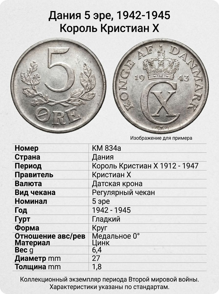 Дания 5 эре, 1943 Король Кристиан X VF