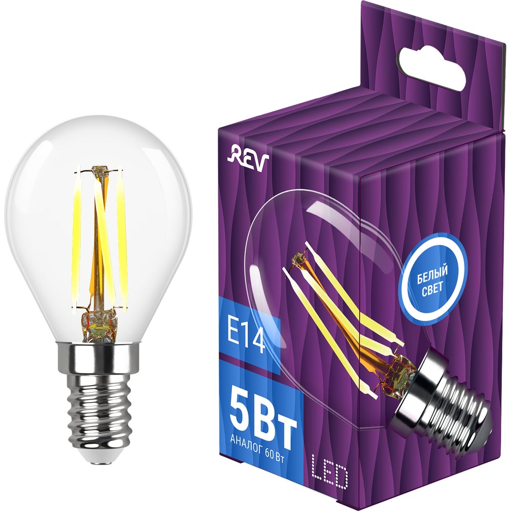 Светодиодная лампа REV, LED G45 E14 5W, 4000K, холодный свет PREMIUM FILAMENT 32358 7