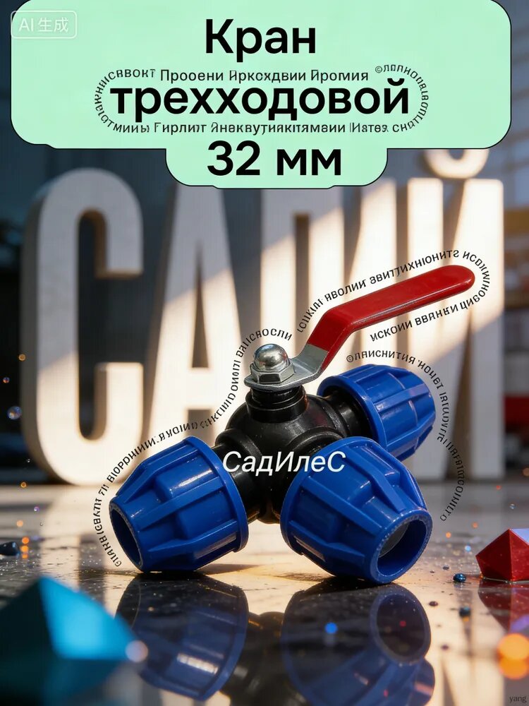 Трехходовой шаровой кран ПНД 32 мм. Разветвитель потока воды с металлической ручкой, морозостойкий вентиль для дачи.