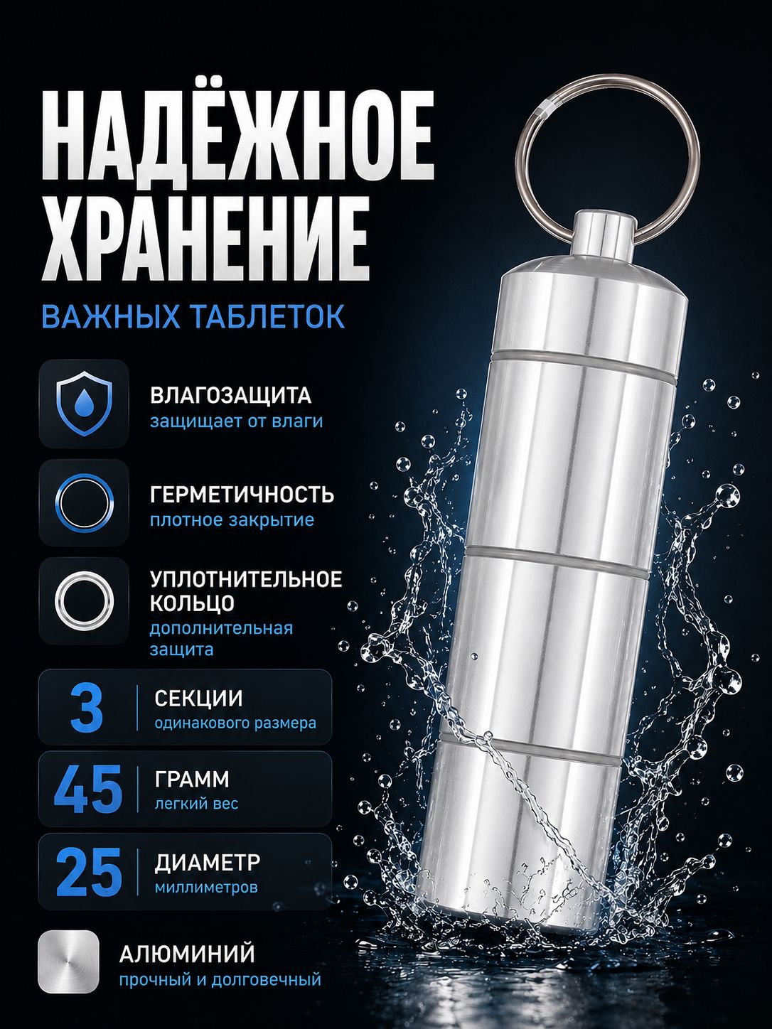 Таблетница брелок металлическая 3 приема мини контейнер для таблеток на день, на ключи