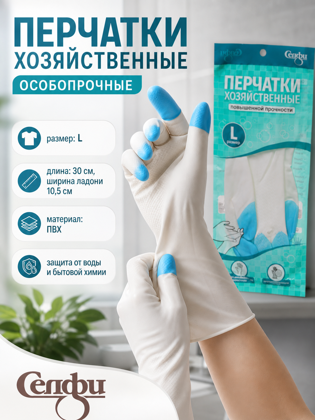Перчатки хозяйственные повышенной прочности PVC, размер L, удобные и мягкие