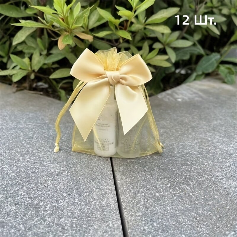 Подарочные шифоновые мешочки на шнурке с лентой и бантом, 12 шт, золотой для упаковки украшений и подарков