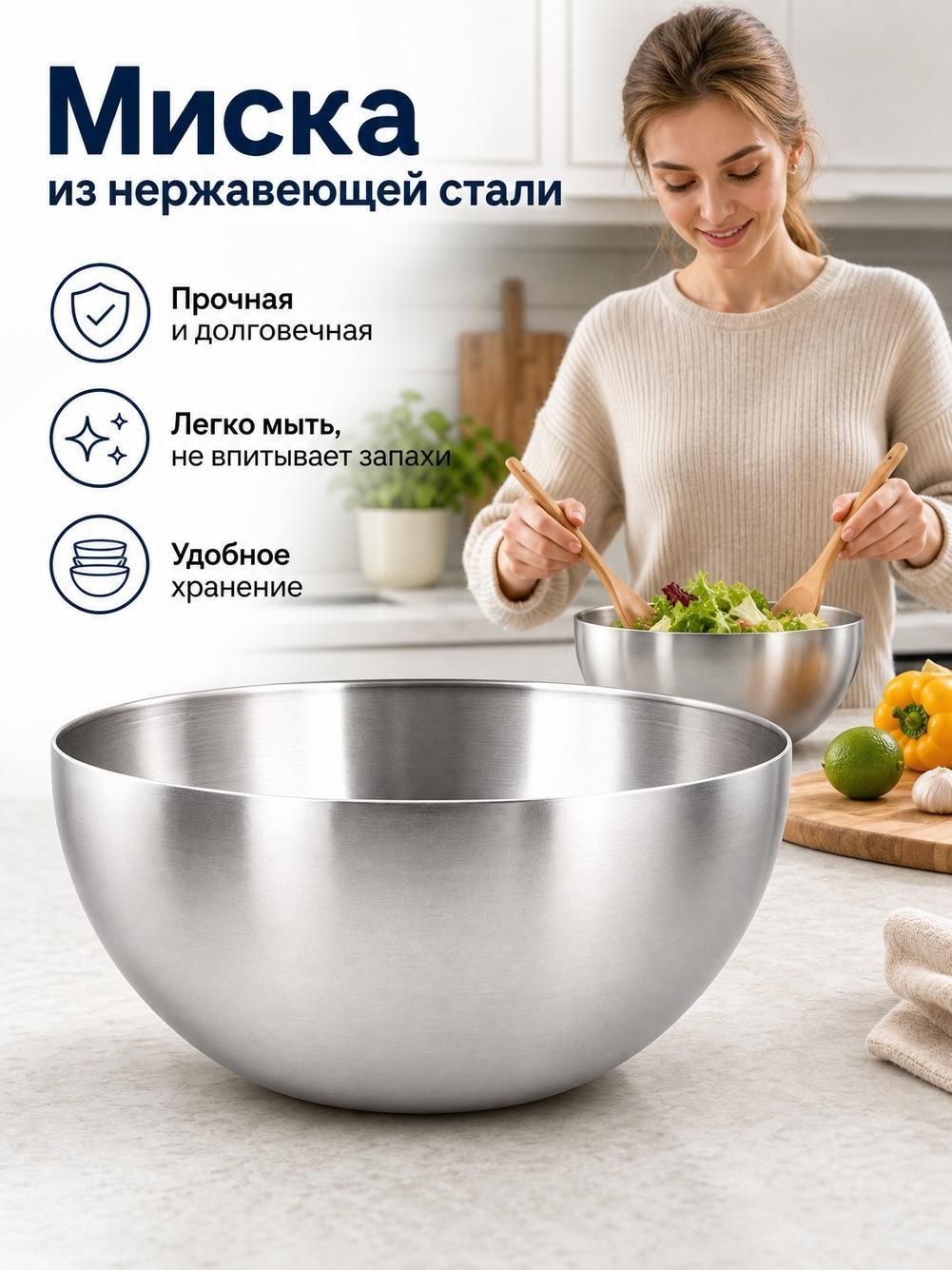 Миска из нержавеющей стали матовая металлическая для салата и азиатской лапши кухонная 1 шт.
