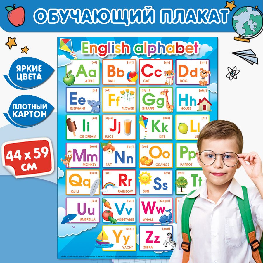 Алфавит плакат. Обучающий плакат для детей начальной школы и детского сада "Английский алфавит", Иностранный язык