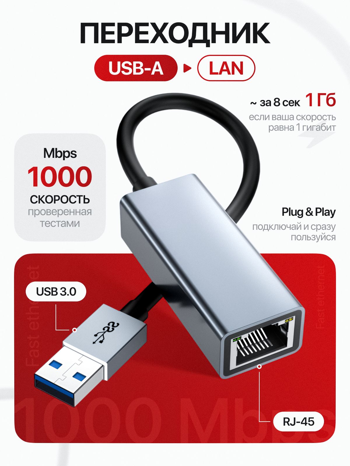 Сетевой адаптер USB 3.0 на Ethernet RJ45 1000 Мбит/с, внешняя сетевая карта USB LAN, переходник для интернет кабеля