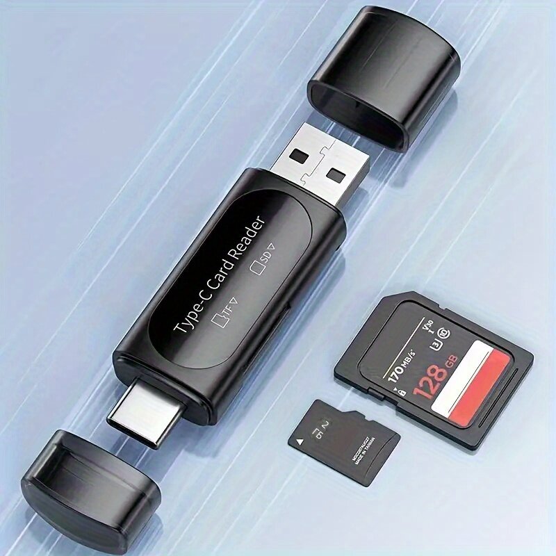 Ридер для карт памяти USB 4-в-1 с двумя слотами, адаптер Type-C и USB-A, компактный, черный