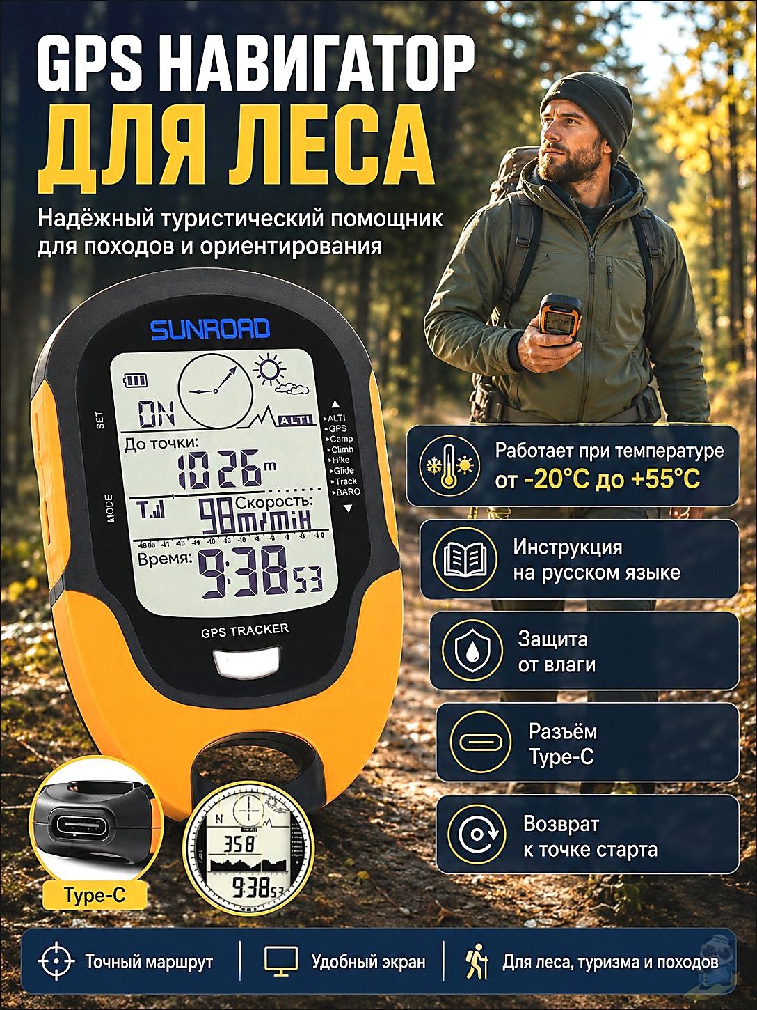 Навигатор туристический GPS возвращатель для леса с инструкцией